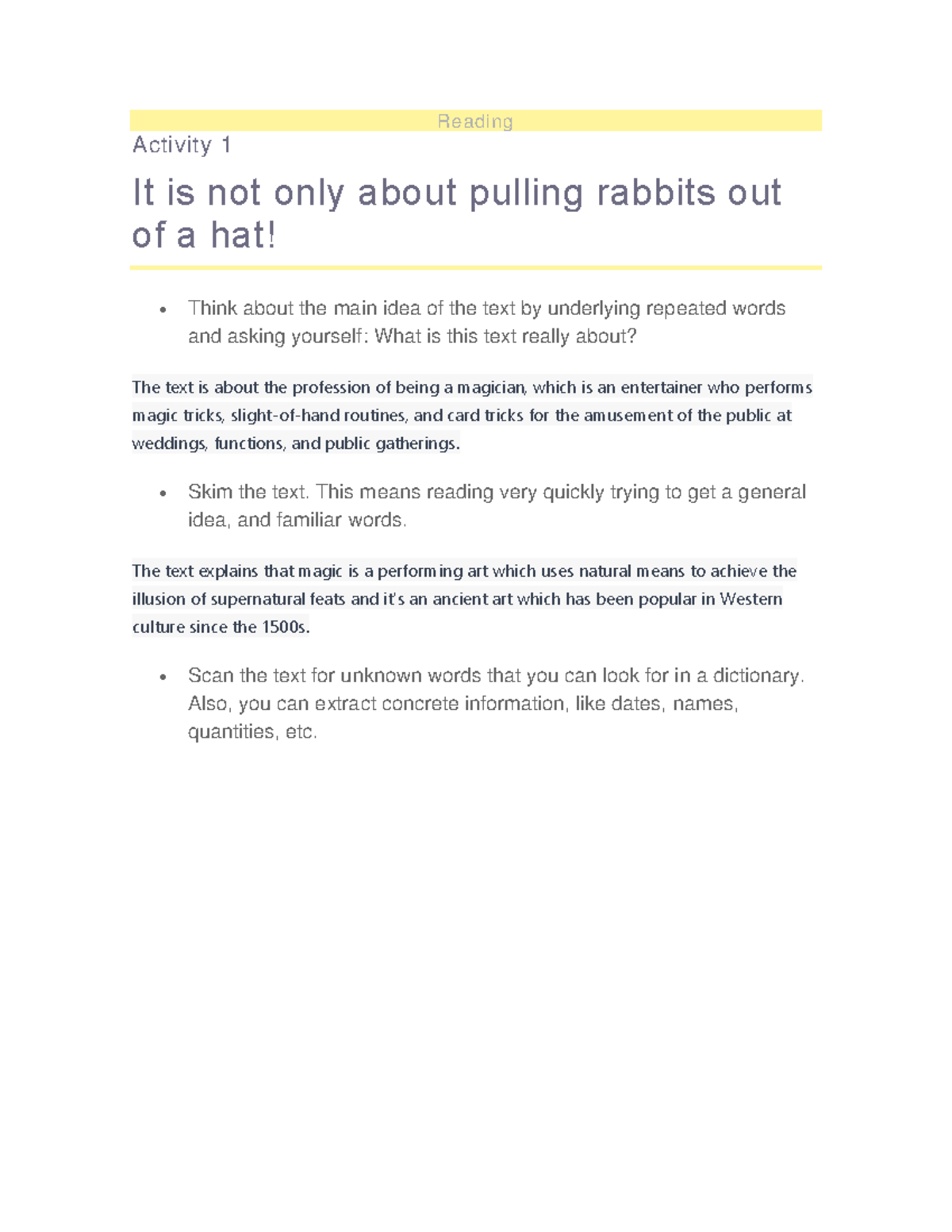 Activity 1 Reading - Write a short composition including the elements ...