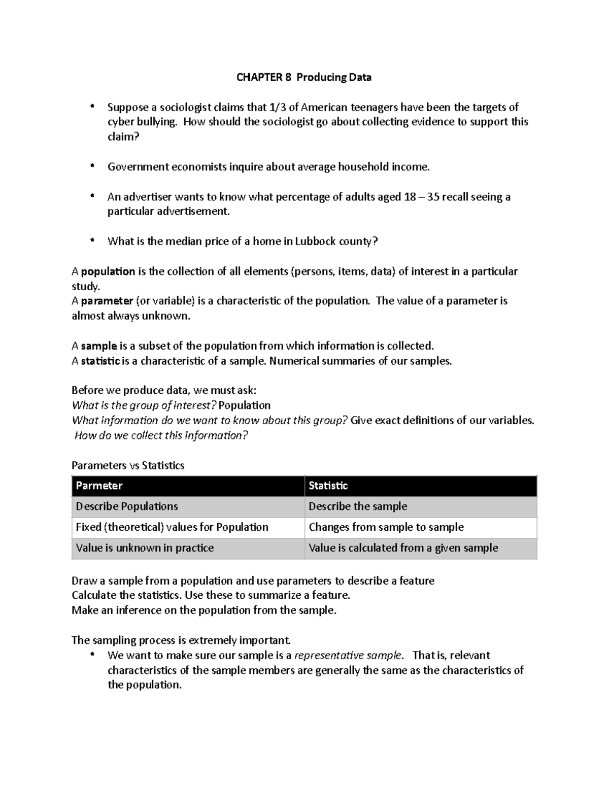 Statistical Methods Chapter 8 Notes Chapter 8 Producing Data Suppose