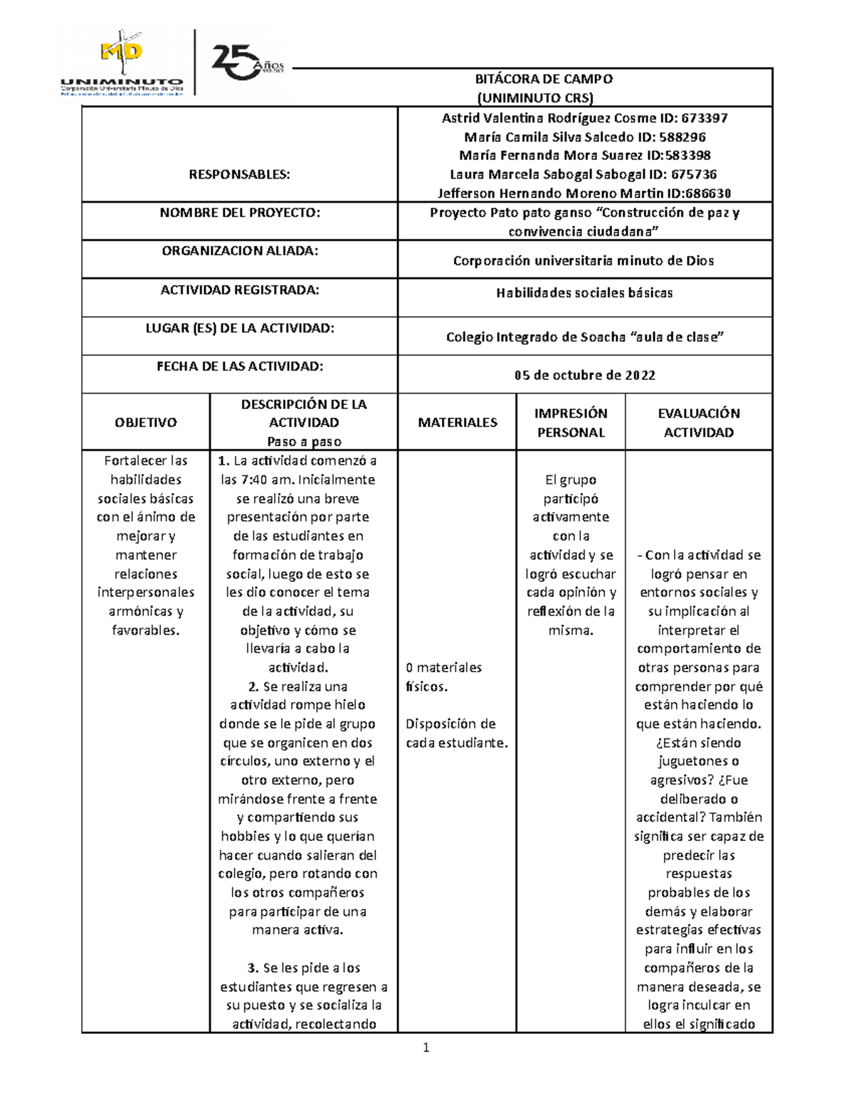 Bitácora sesión comportamientos basicos - BITÁCORA DE CAMPO (UNIMINUTO ...