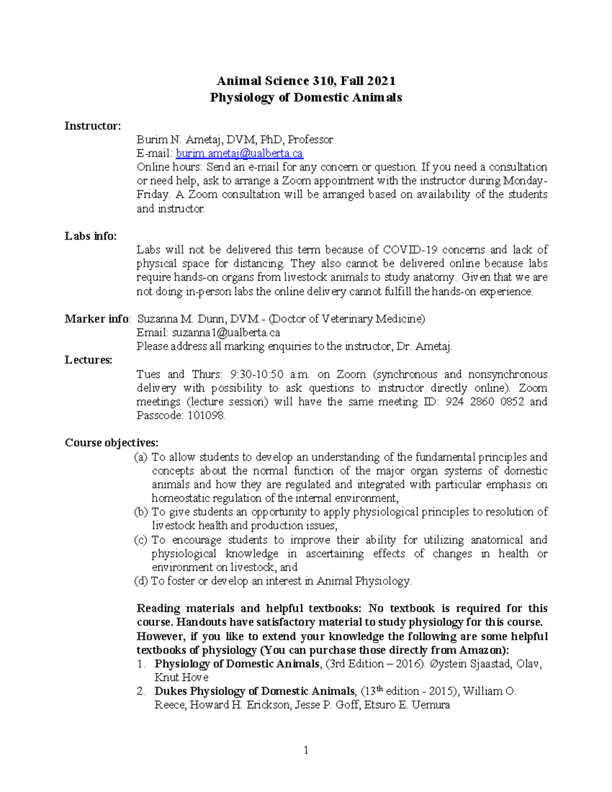Syllabus An Sc 310 Fall-2021 Physiology of Domestic Animals - Animal ...