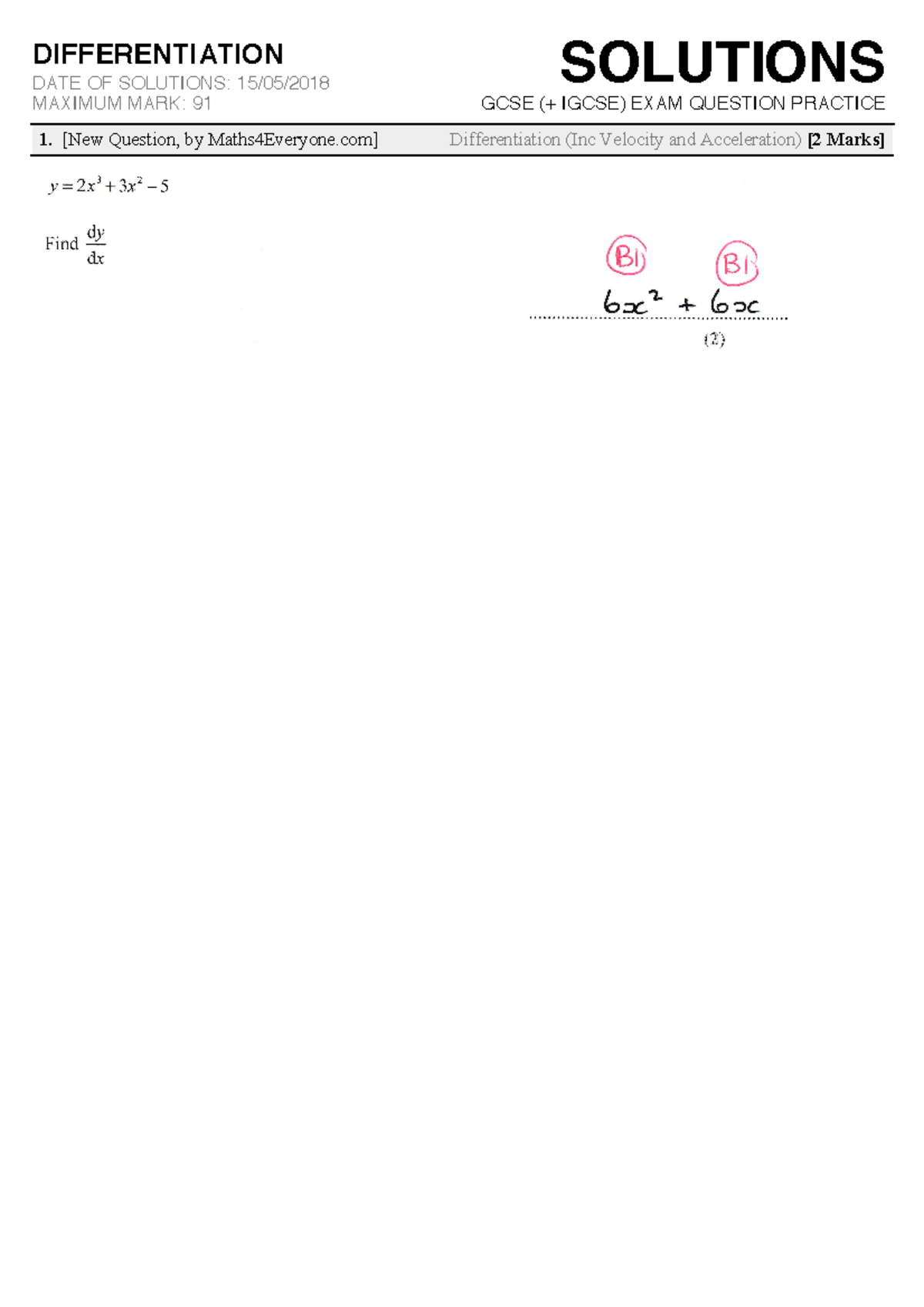 Differentiation-solutions - Mathematics-I - SOLUTIONS DIFFERENTIATION GCSE (+ IGCSE) EXAM ...