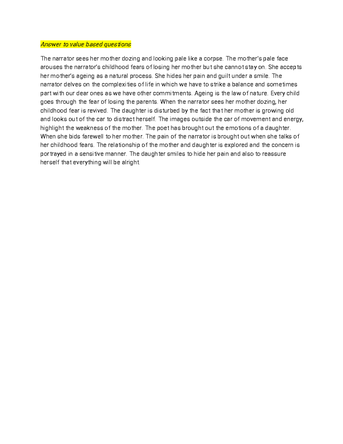 MY Mother AT Sixty SIX - Answer to value based questions The narrator ...