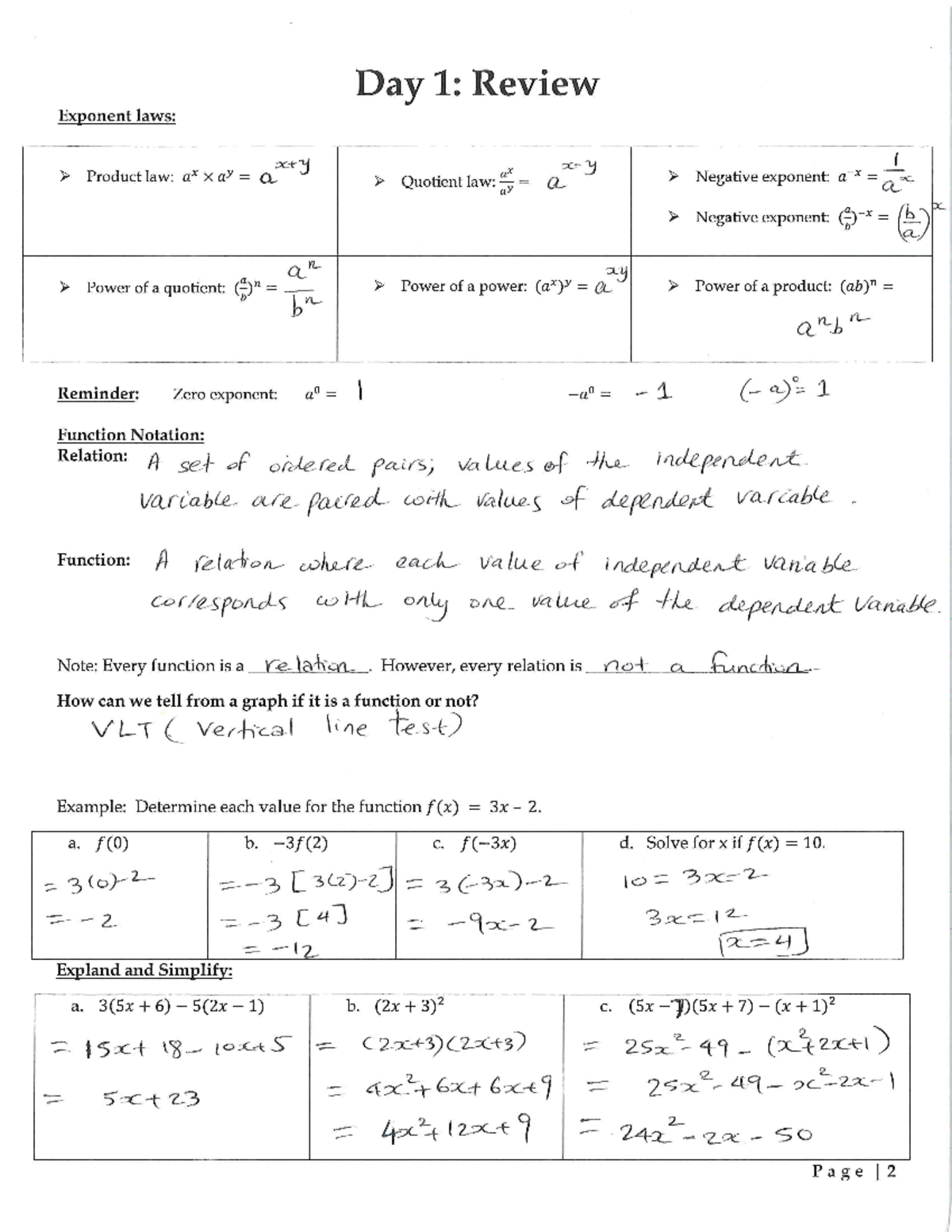 Day 1 unit 1 mhf - functions review - Exponent laws: Day 1: Review ...