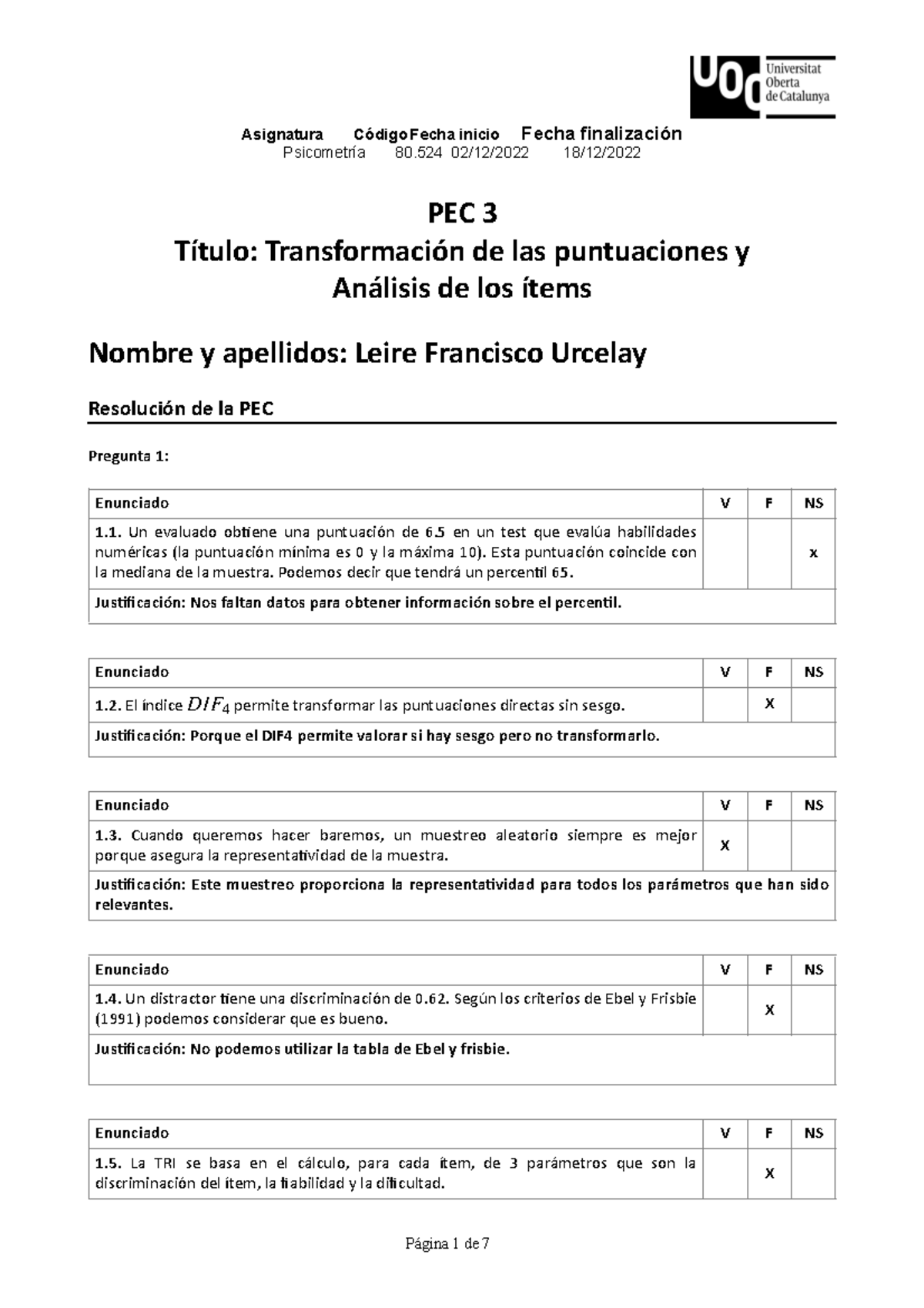 PEC3 Entrega psicometria - Psicometría 80 02/12/2022 18/12/ PEC 3 Título: Transformación de las ...
