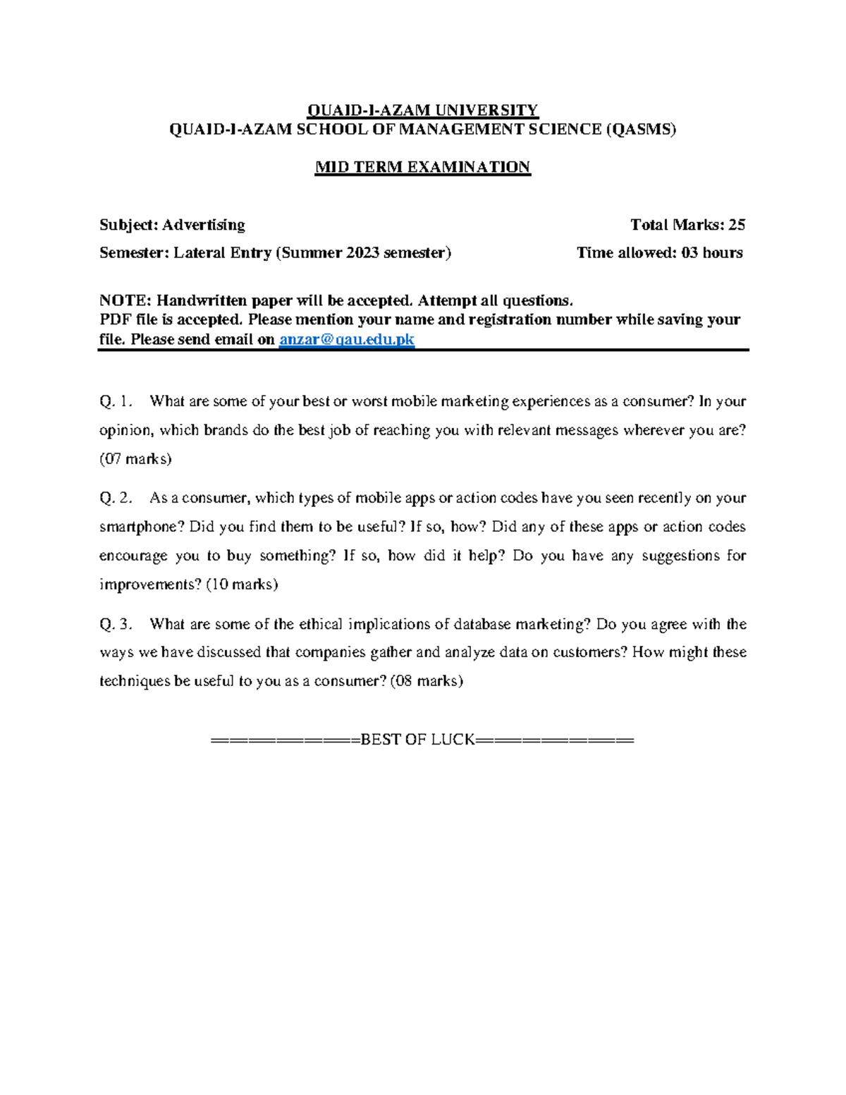 Advertising Mid Term paper - QUAID-I-AZAM UNIVERSITY QUAID-I-AZAM ...