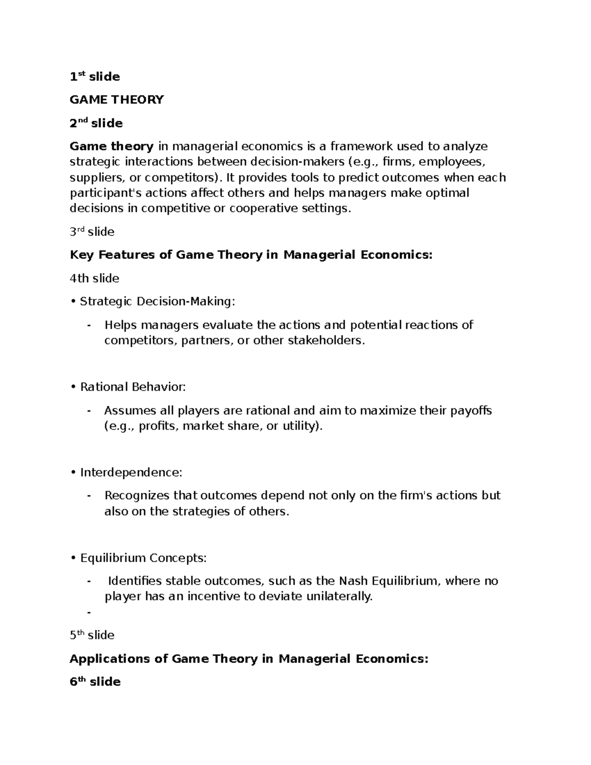 Game theory - Summary Economic Development - 1 st slide GAME THEORY 2 ...