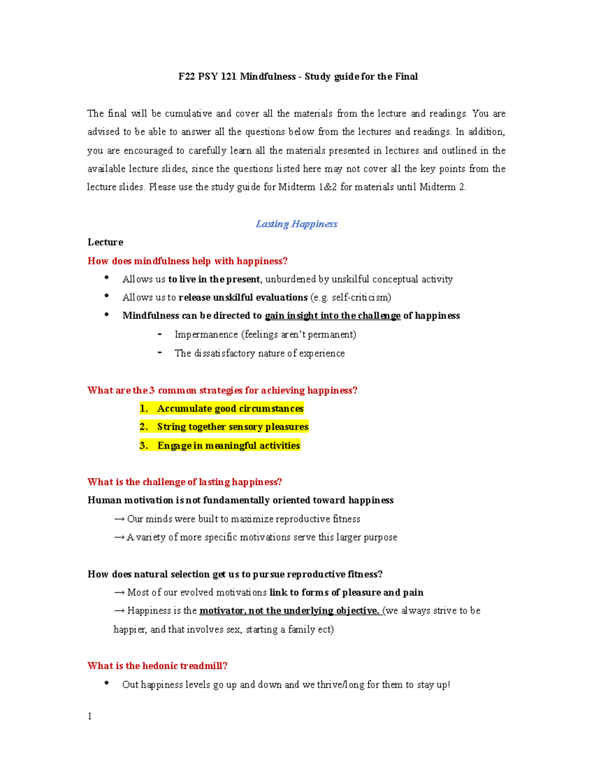 PSY121 - Final Study guide - F22 PSY 121 Mindfulness - Study guide for ...