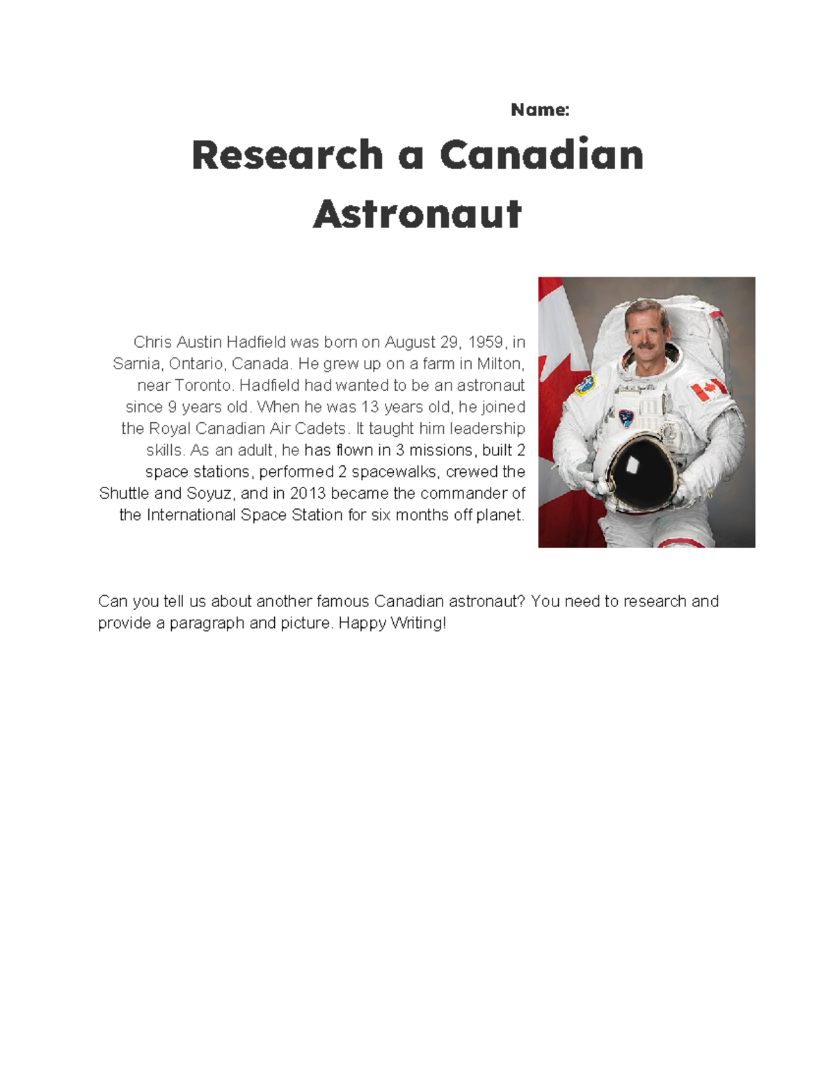 Astronaut Chris Hadfield - Name: Research a Canadian Astronaut Chris ...