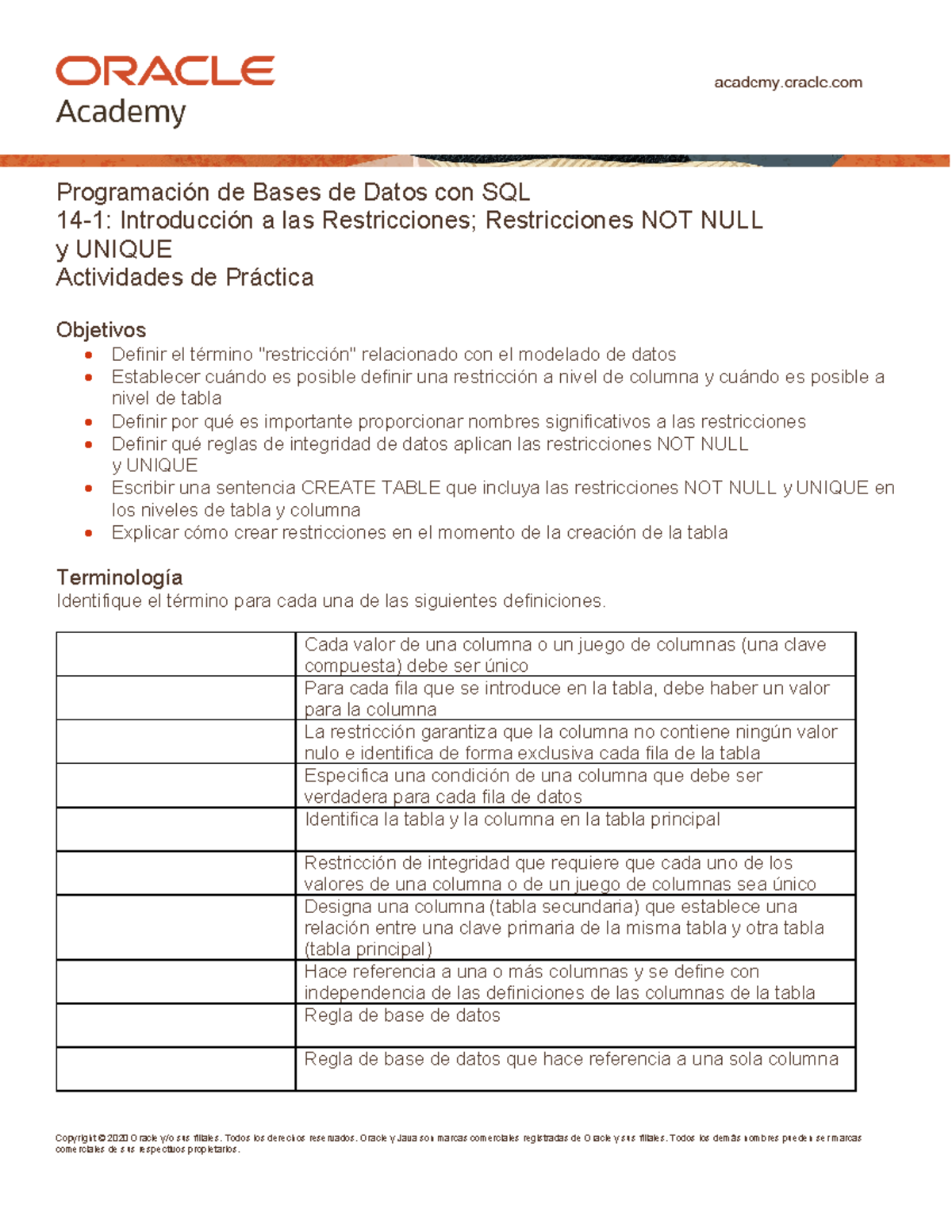 DP 14 1 Practice esp - Teoria - Copyright © 2020 Oracle y/o sus ...