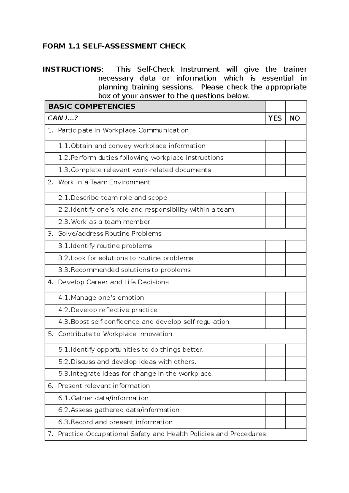 BPP NCII - Self Assessment Checklist - FORM 1 SELF-ASSESSMENT CHECK INSTRUCTIONS: This Self ...