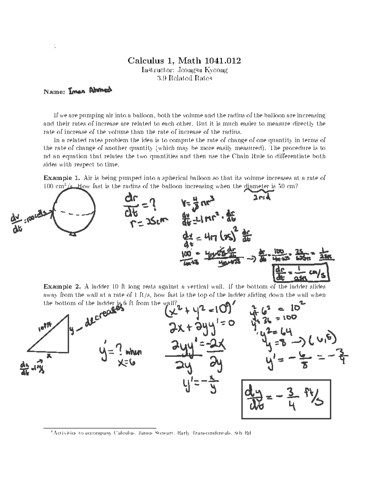 3.9 : Related Rates - 1 Calculus 1, Math 1041. Instructor: Jeongsu ...