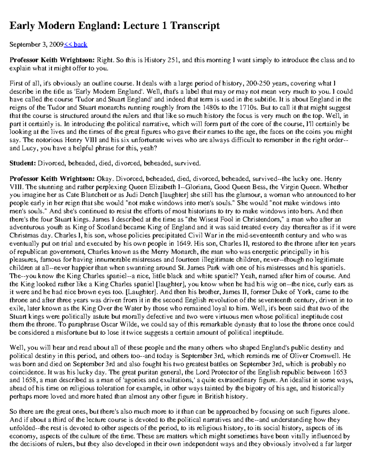 Early modern england lecture 1 - lecture 14 transcript - Early Modern ...