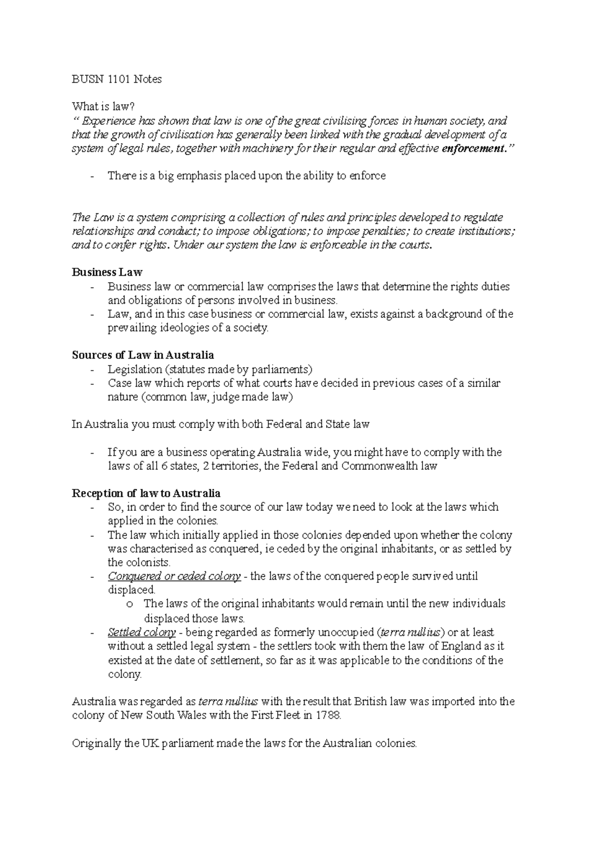 BUSN 1101 Notes - BUSN 1101 Notes What is law? “ Experience has shown ...