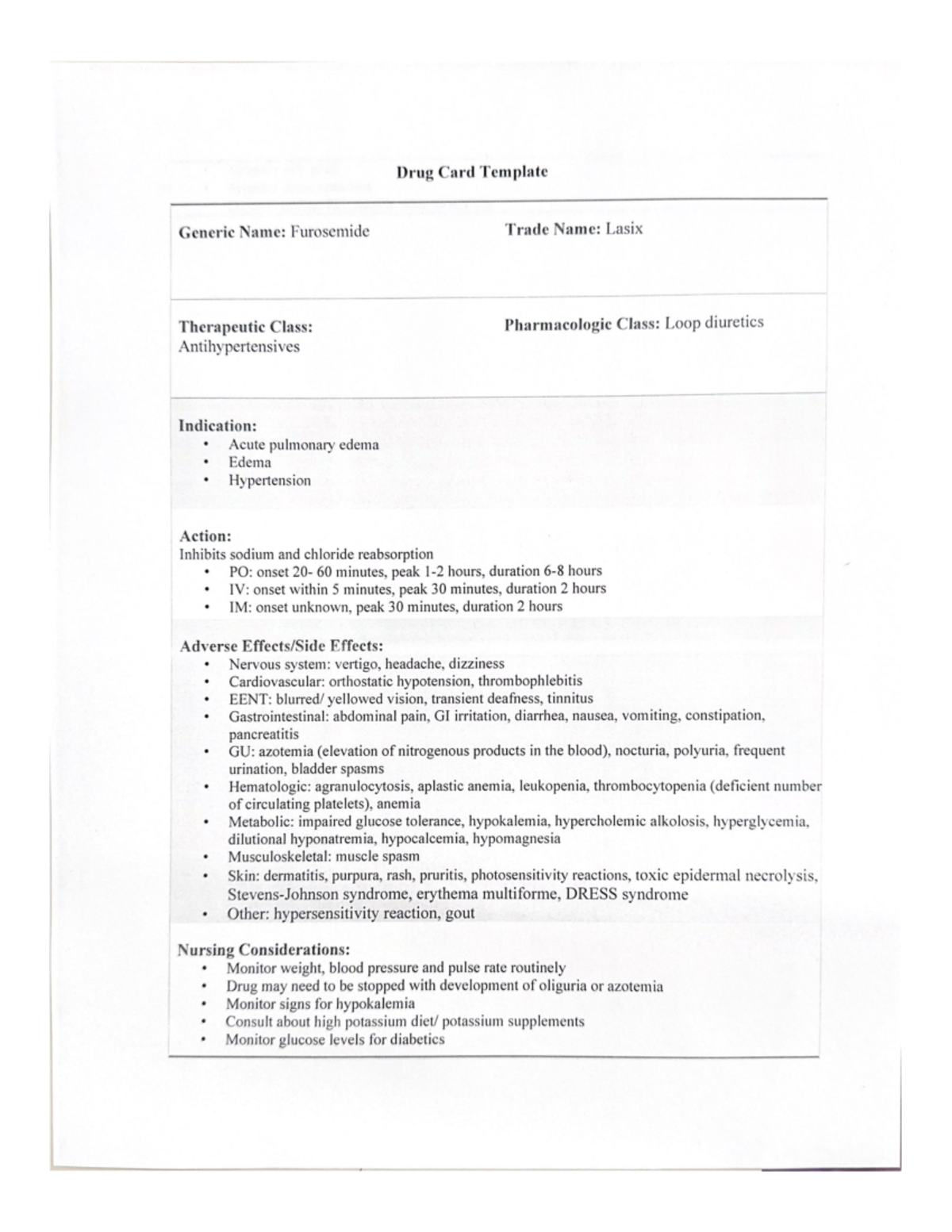 Drug card furosemide - HSC204 - Studocu