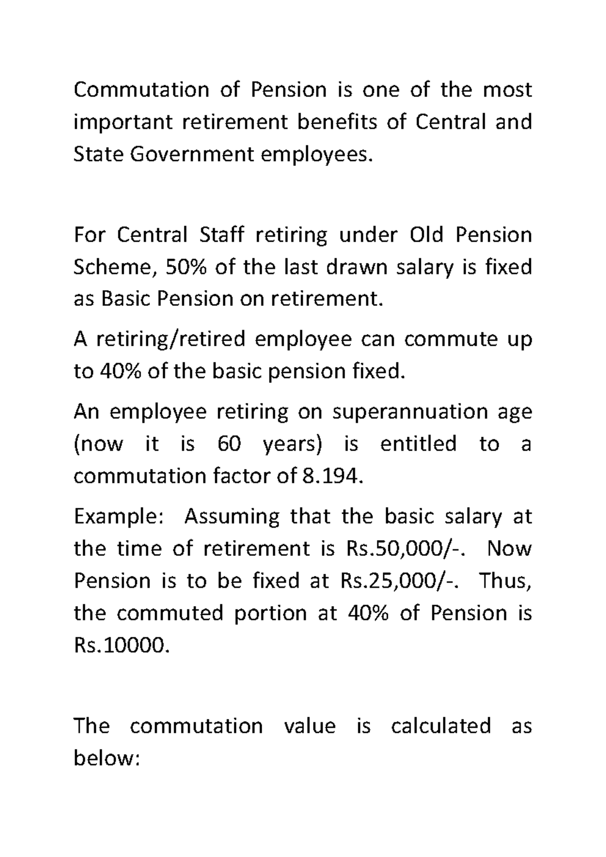 Commutation of Pension - For Central Staff retiring under Old Pension ...