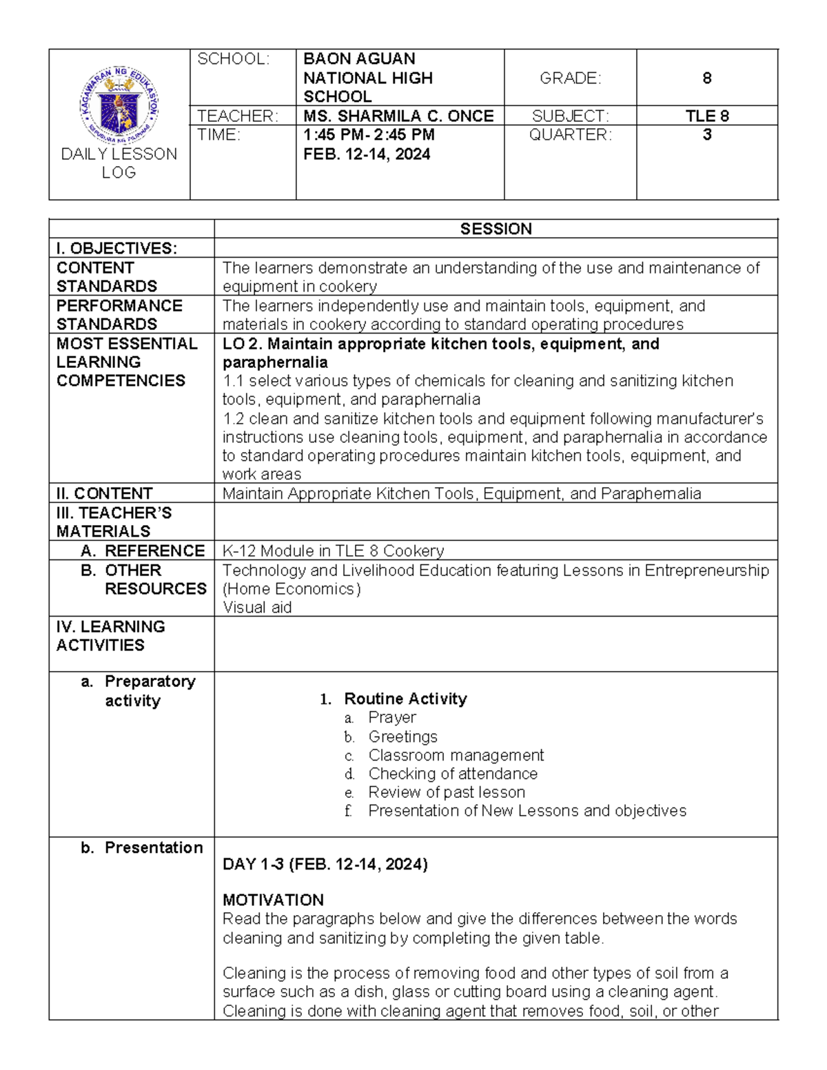 3 - lesson plan - DAILY LESSON LOG SCHOOL: BAON AGUAN NATIONAL HIGH ...