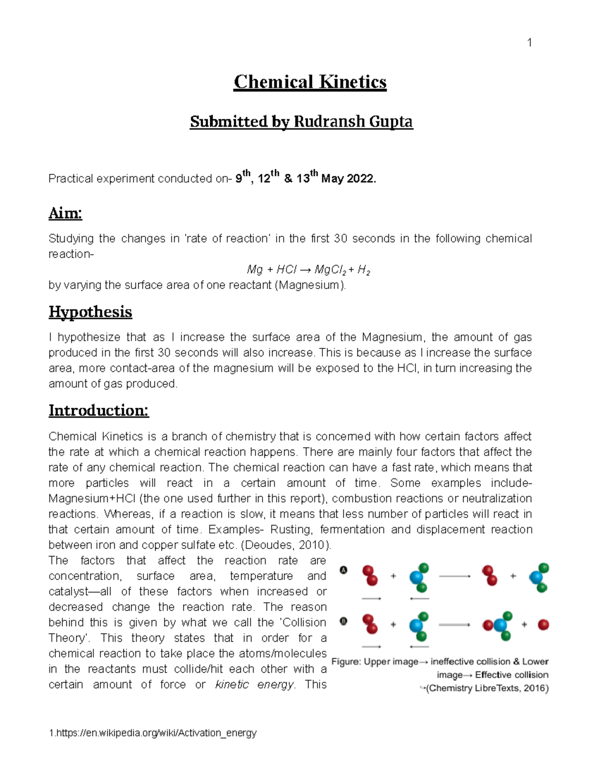 Chemical kinetics - Factors of rate of reaction - Report - 1 Chemical ...