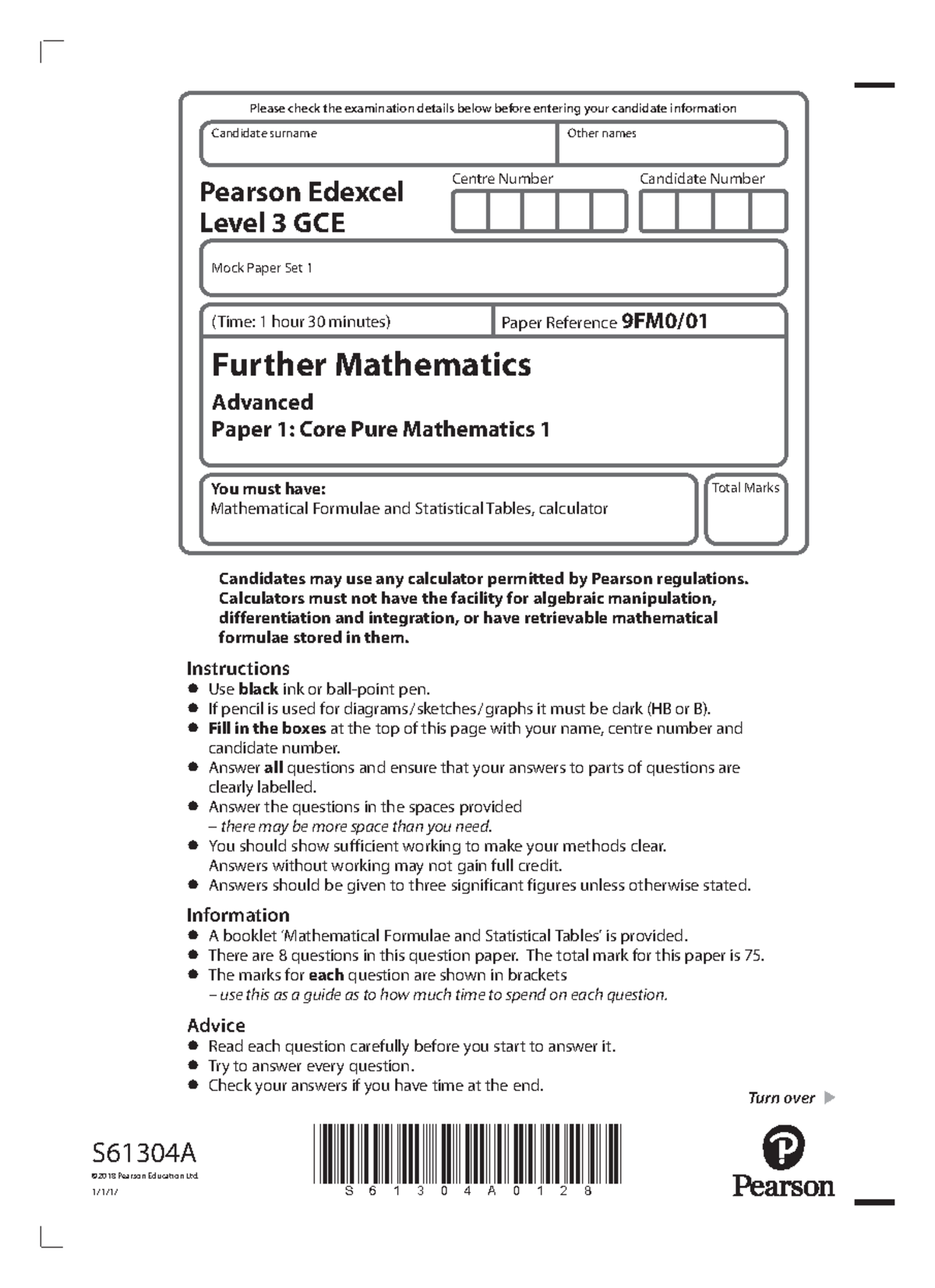 Core Pure 1 Mock Set 1 - Please check the examination details below ...