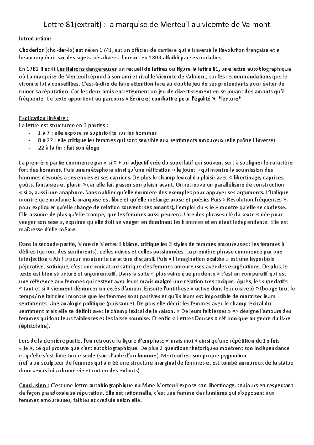 Lettre 81 - Lettre 81(extrait) : la marquise de Merteuil au vicomte de ...