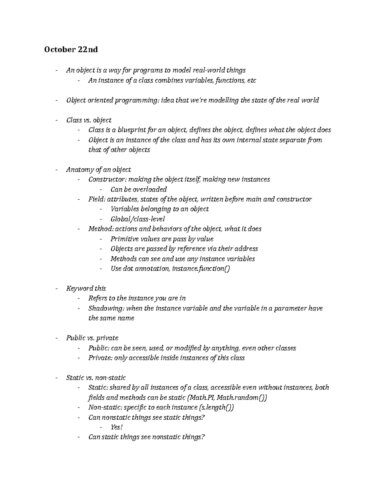 Recitation 7 Notes - October 22nd An object is a way for programs to ...