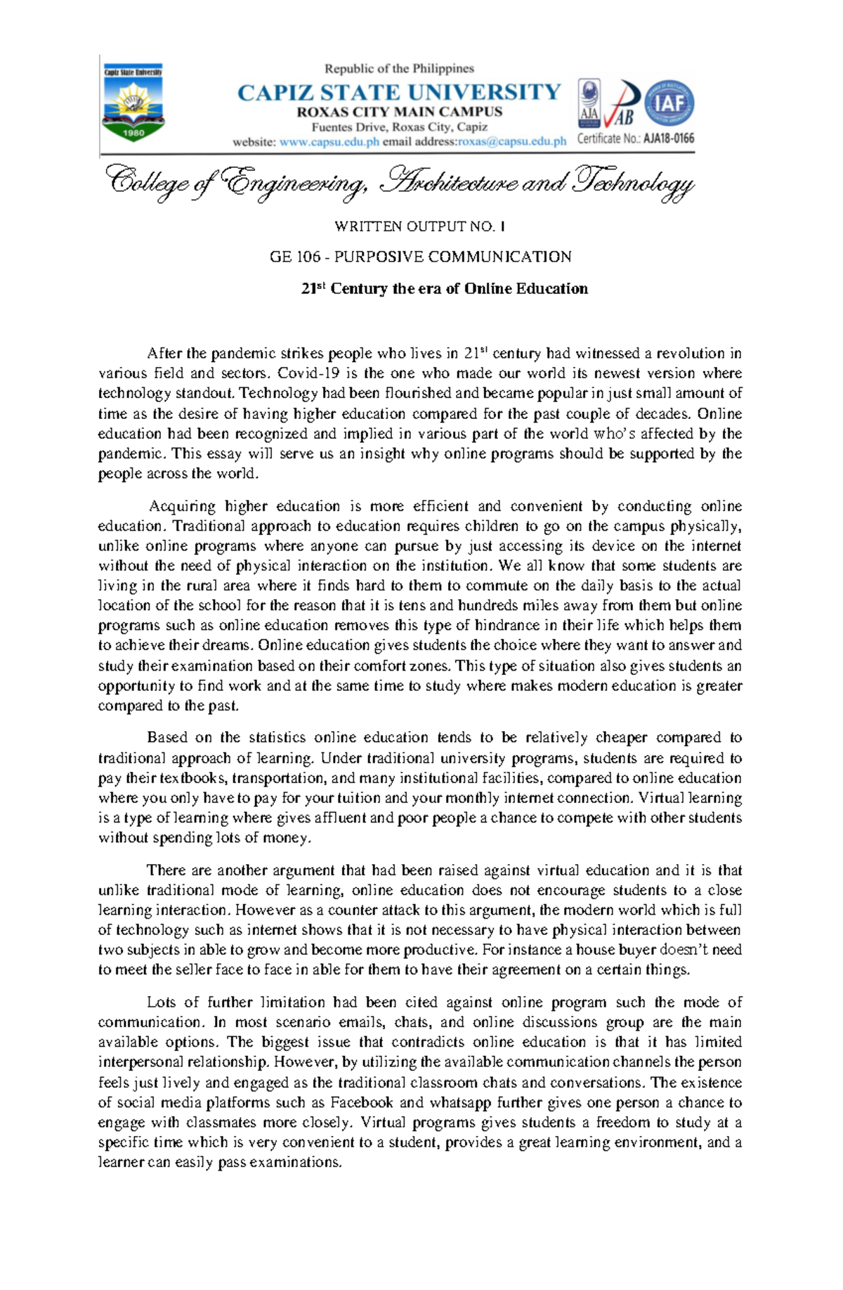 Argumentative-Essay- Bacudo - College of Engineering, Architecture and ...