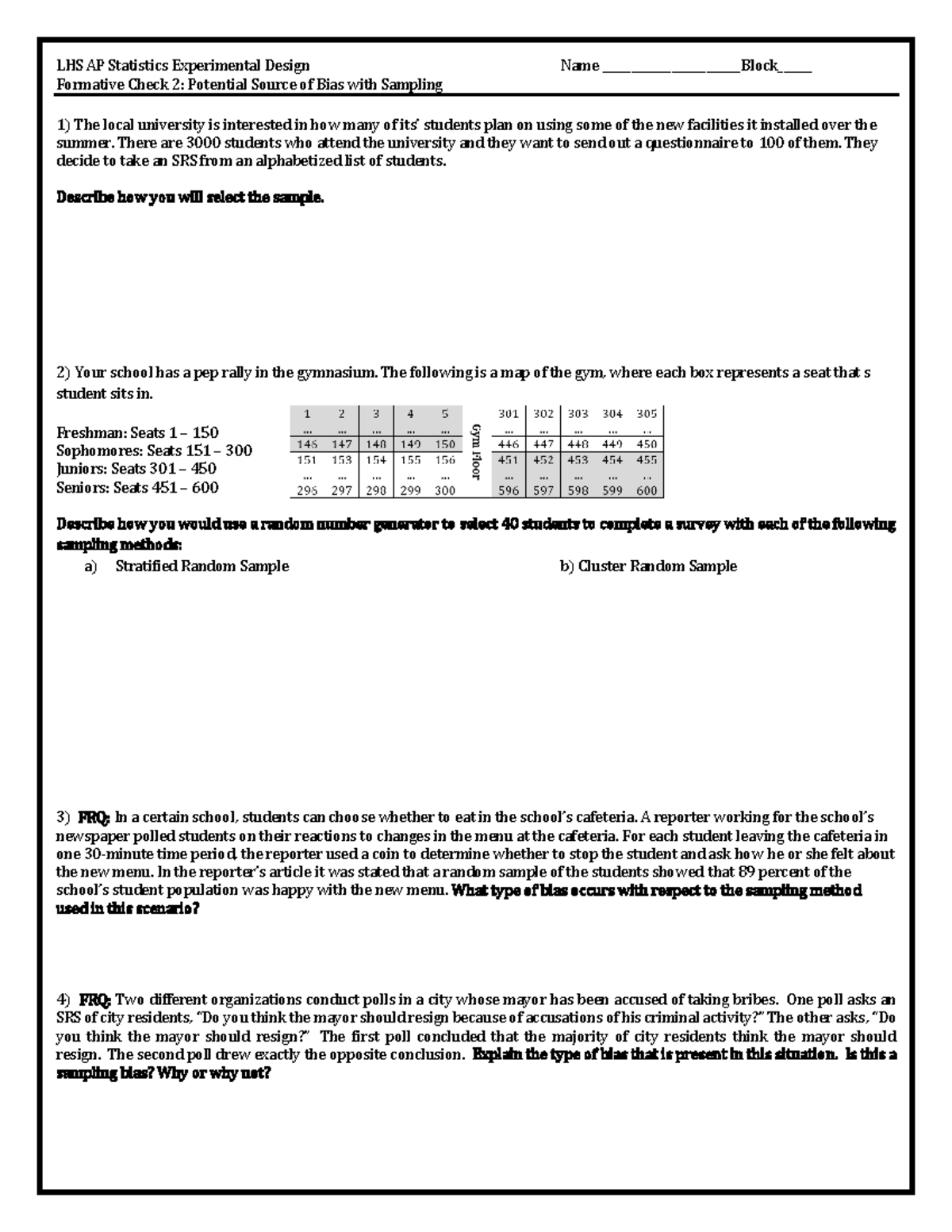 Formative Check 2 Potential Problems with Sampling - LHS AP Statistics ...