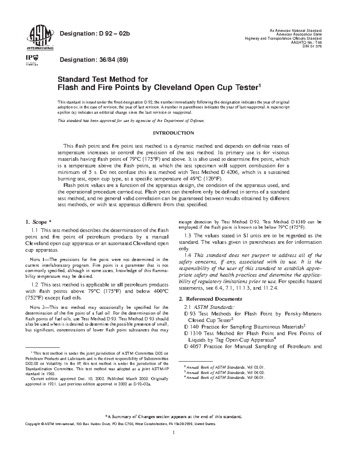 D92 - Standard Test Method for Flash and Fire Points by Cleveland Open ...