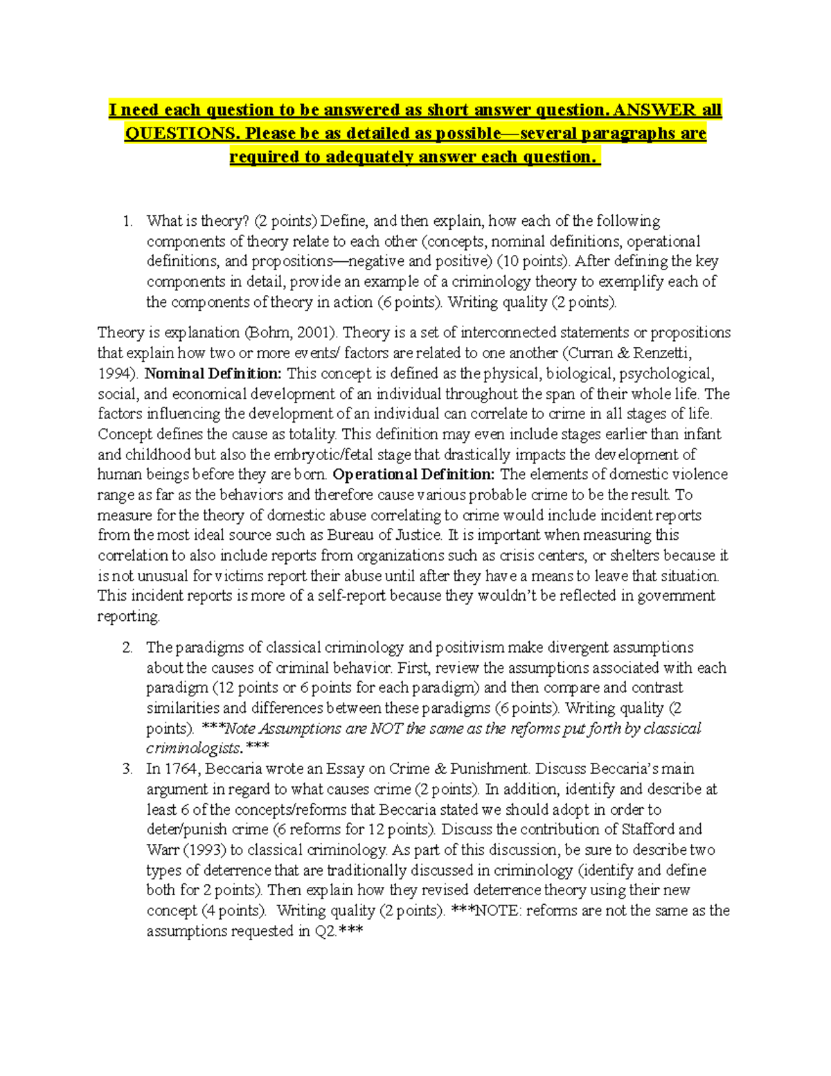 Exam short answer question - ANSWER all QUESTIONS. Please be as ...