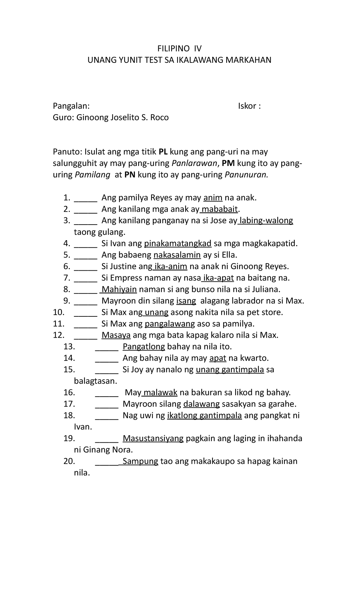 Filipino IV unang test - FILIPINO IV UNANG YUNIT TEST SA IKALAWANG ...