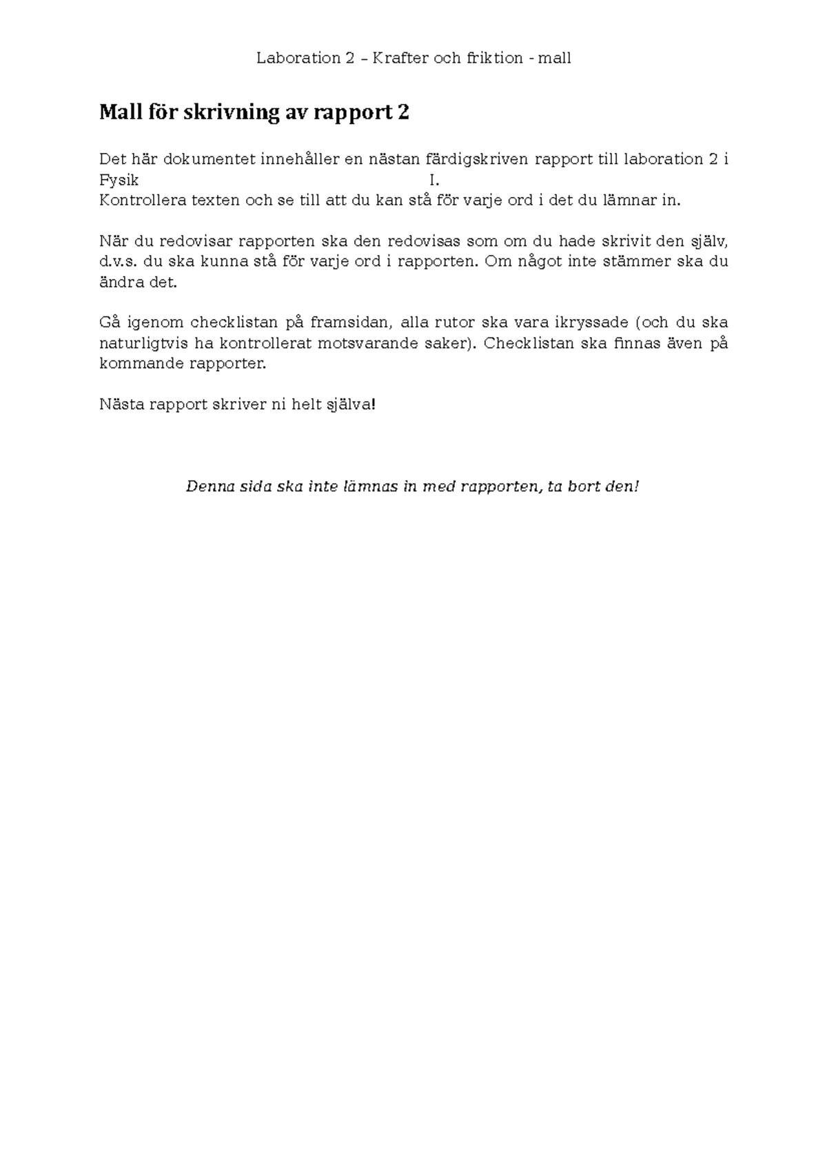 Lab 2 Fysik Friktion 1 - Laboration 2 - ML0022 - KTH - Studocu