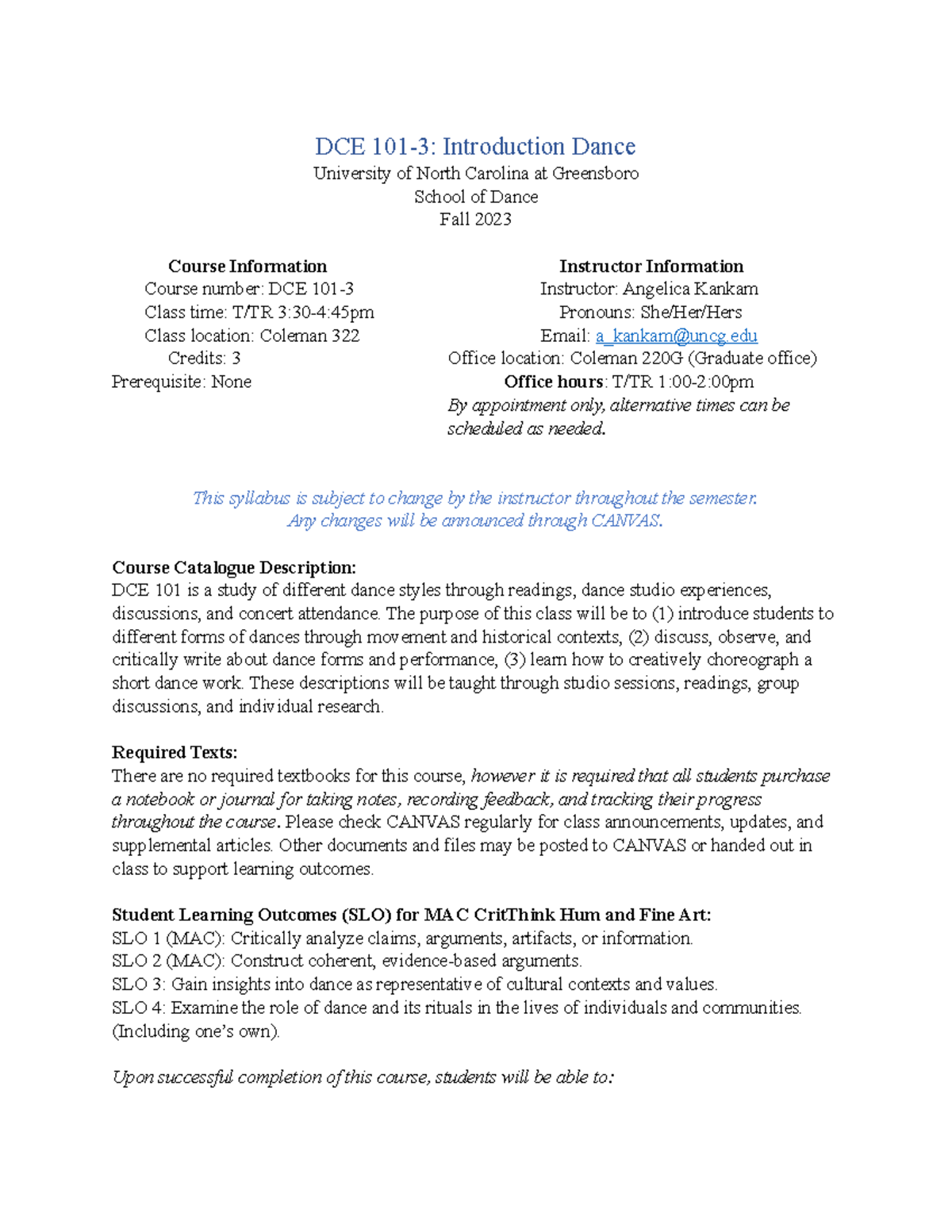 DCE 101 Syllabus - DCE 101-3: Introduction Dance University of North ...