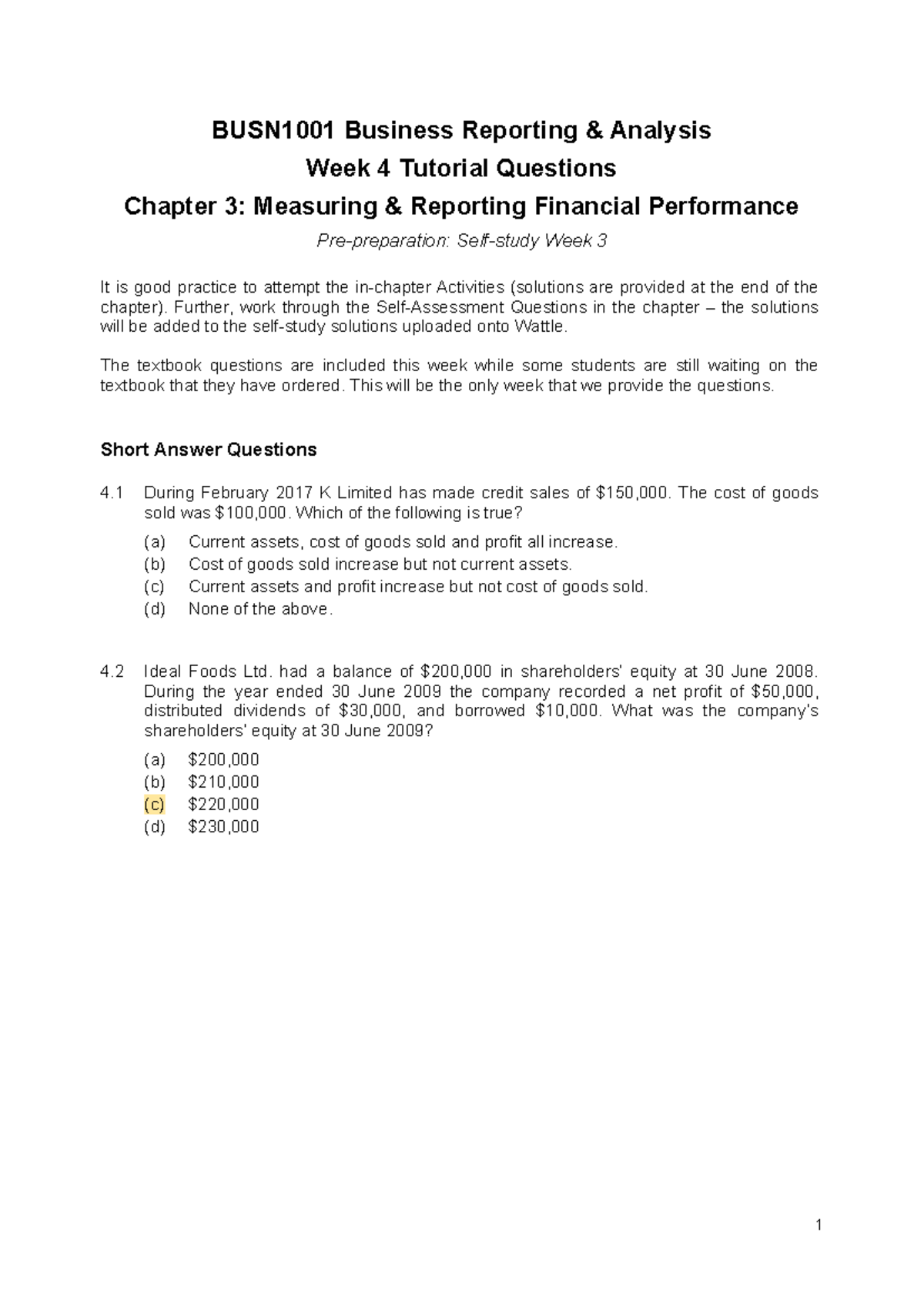 Week 4 Tutorial Questions - BUSN1001 Business Reporting Analysis Week 4 ...
