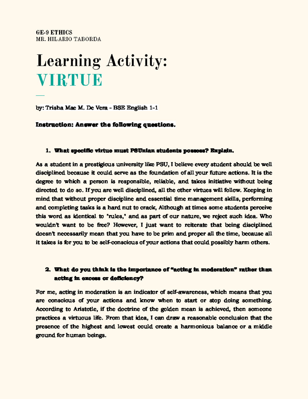 Virtue Ethics ( DE VERA, Trisha MAE M.) - GE-9 ETHICS MR. HILARIO ...