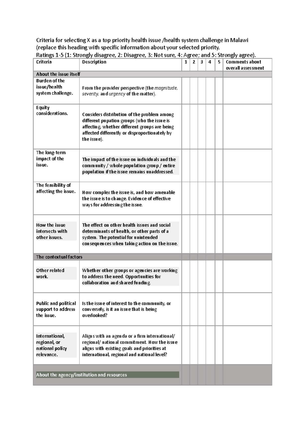 HNA criteria template - HNA framework - Criteria for selecting X as a ...