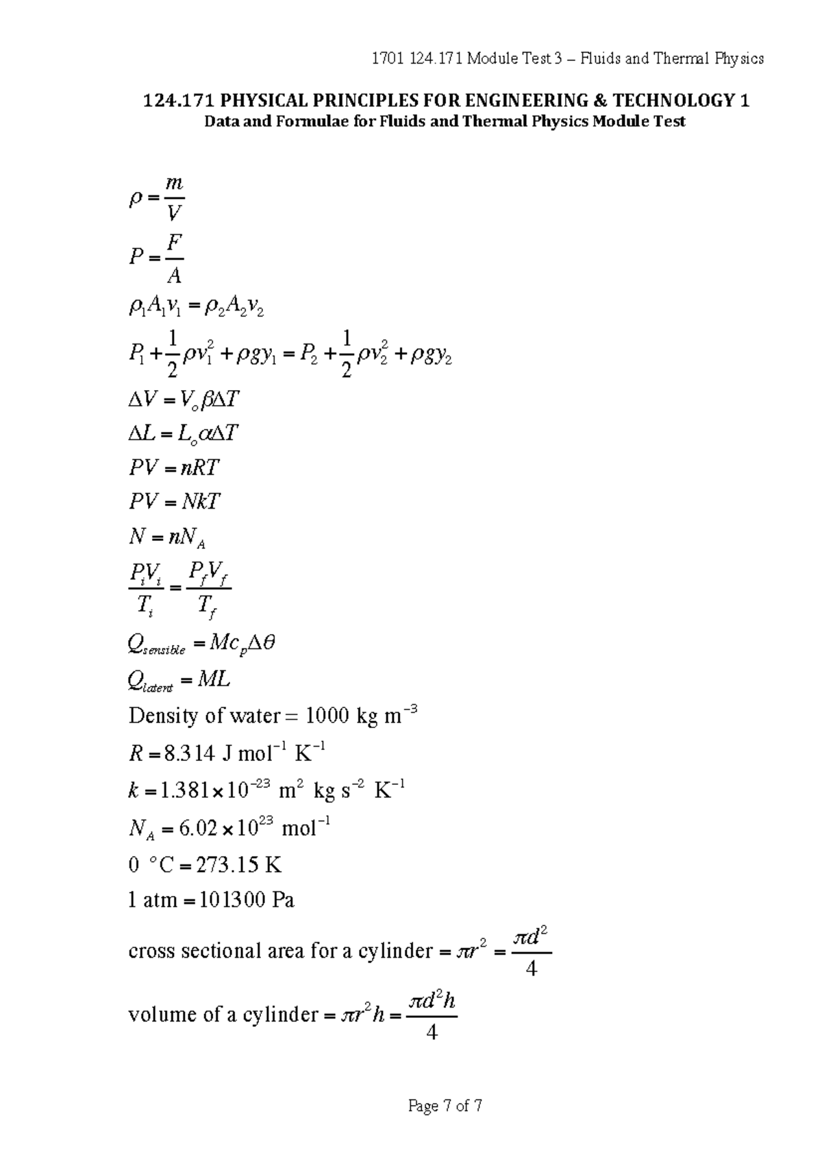 124171 2017 Fluids Thermo Test formula sheet - 1701 124 Module Test 3 ...