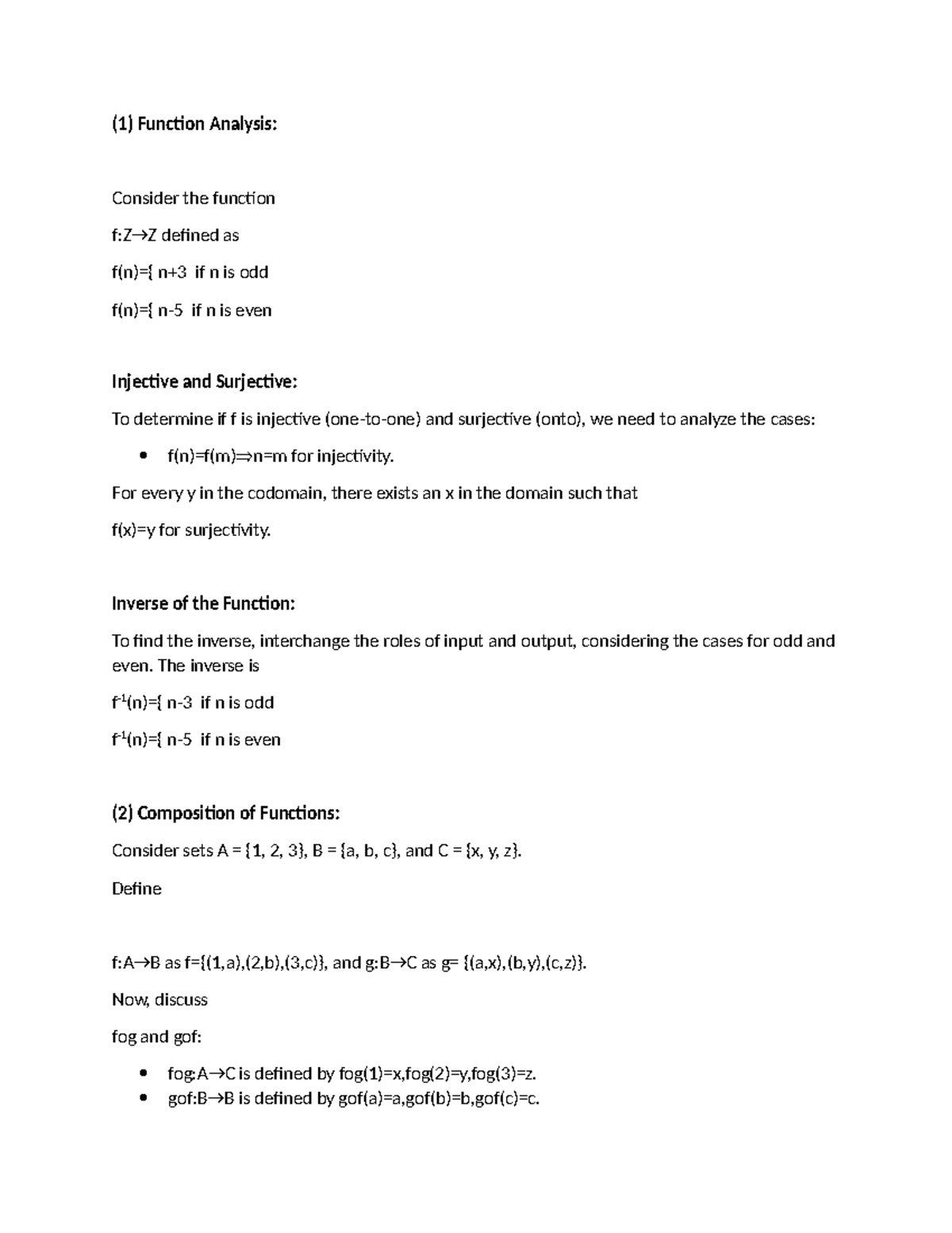 Assignment 02 D Math - (1) Function Analysis: Consider the function f:Z→Z defined as f(n)={ n+3 ...