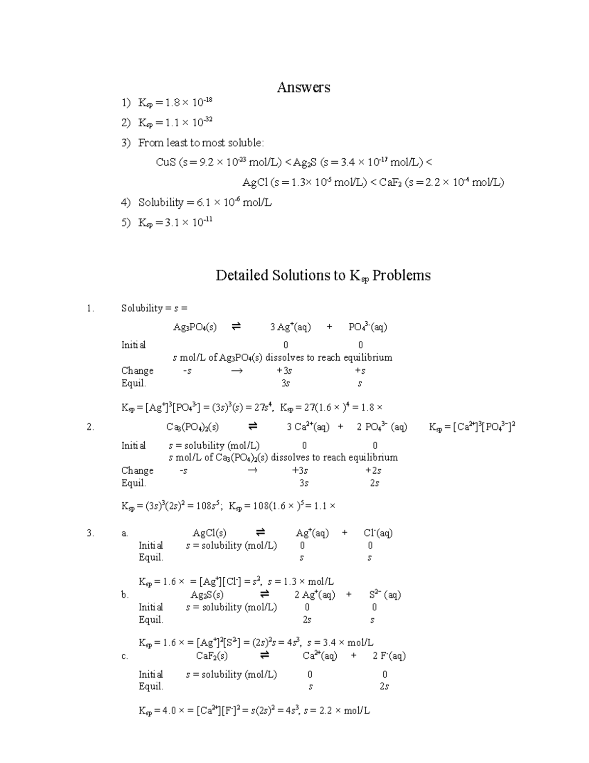 Ksp Solutions Guide - Answers 1) Ksp = 1 × 10 18 2) Ksp = 1 × 10 32 3 ...