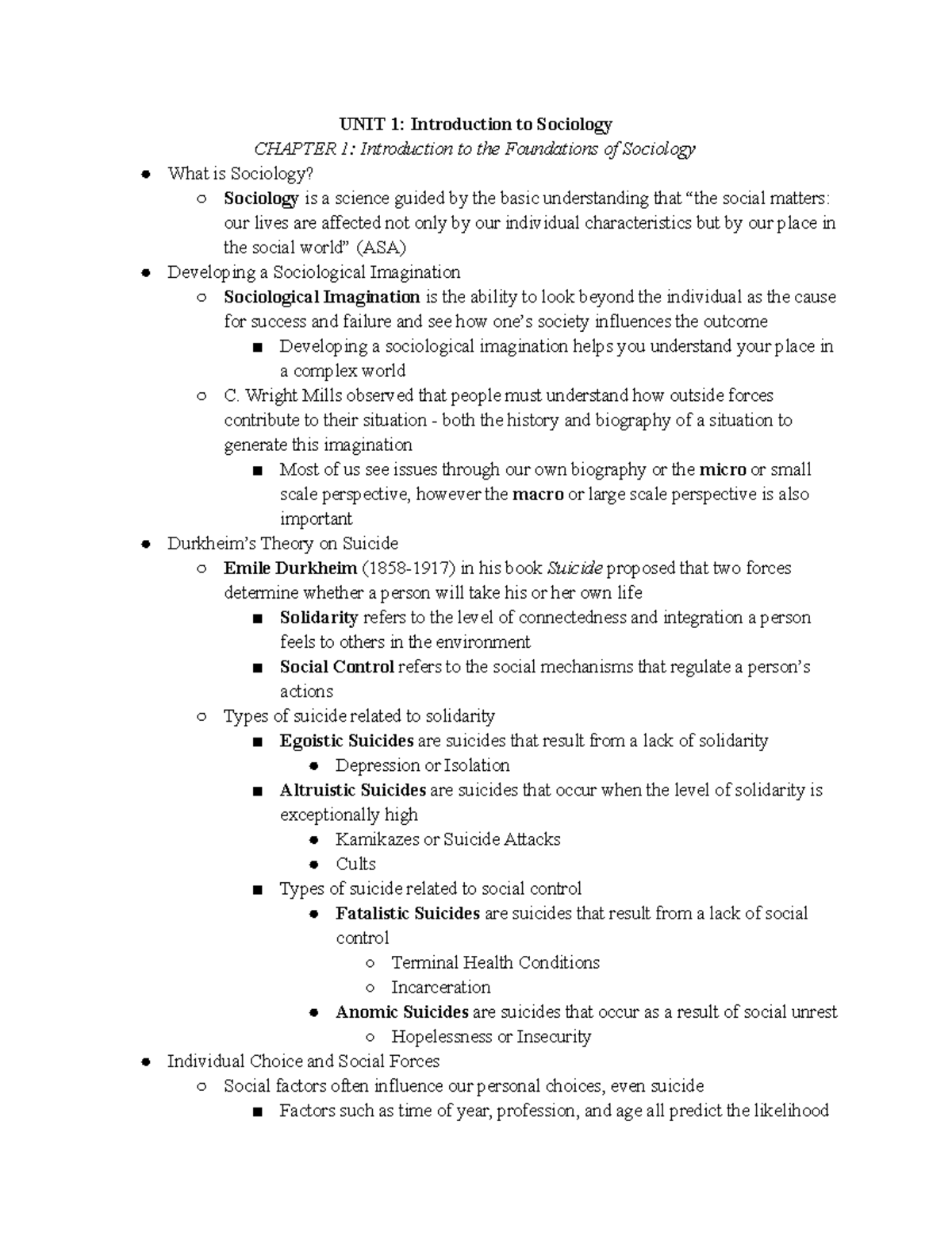 Chapter 1 Notes - n/a - UNIT 1: Introduction to Sociology CHAPTER 1 ...