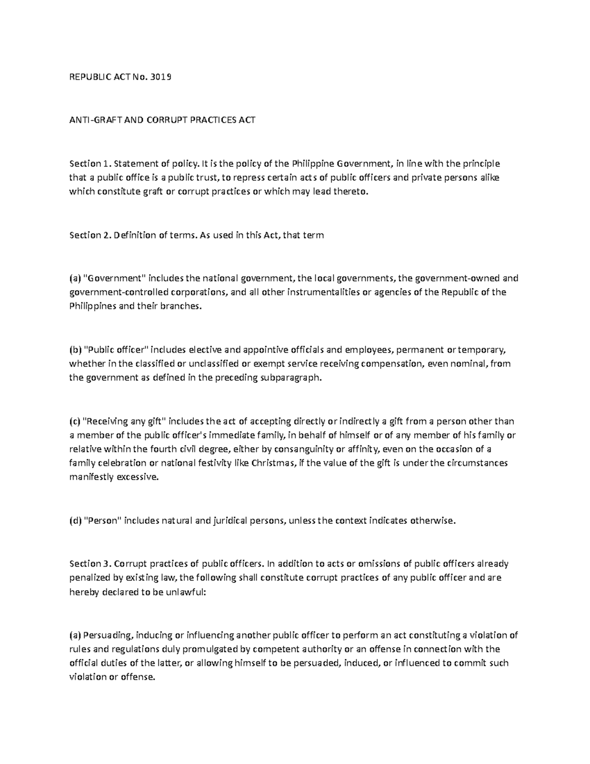 Ra 3019 - Summary Legal research - REPUBLIC ACT No. 3019 ANTI-GRAFT AND ...