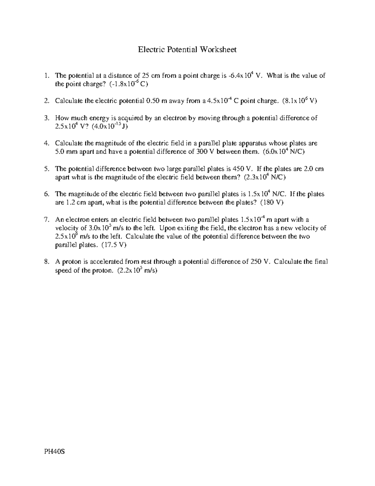 Electric Potential worksheet - PH40S Electric Potential Worksheet The ...