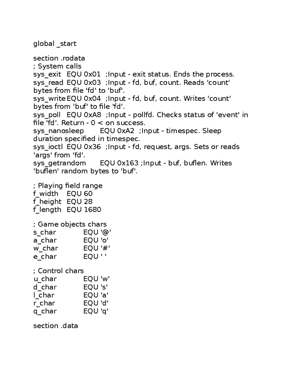 Snake asm code - global _start section .rodata ; System calls sys_exit ...