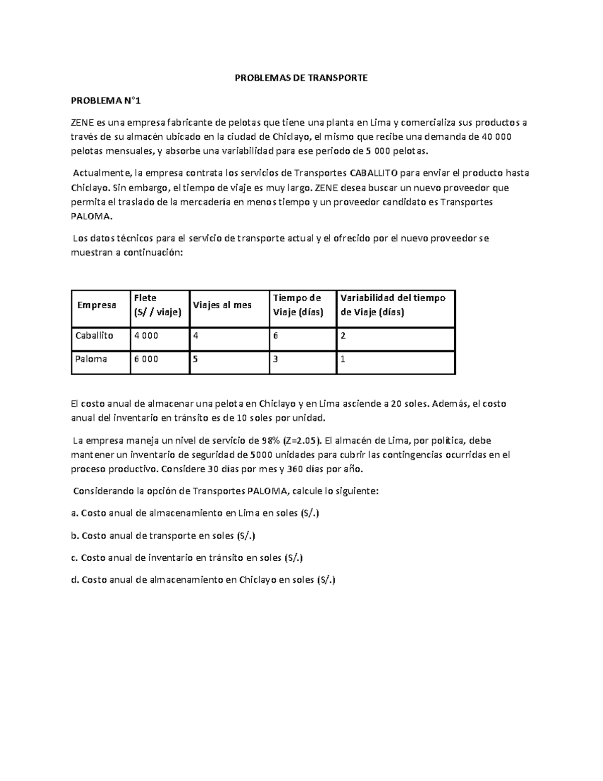 Problemas DE Transporte PARA Tarea - PROBLEMAS DE TRANSPORTE PROBLEMA N° ZENE es una empresa ...
