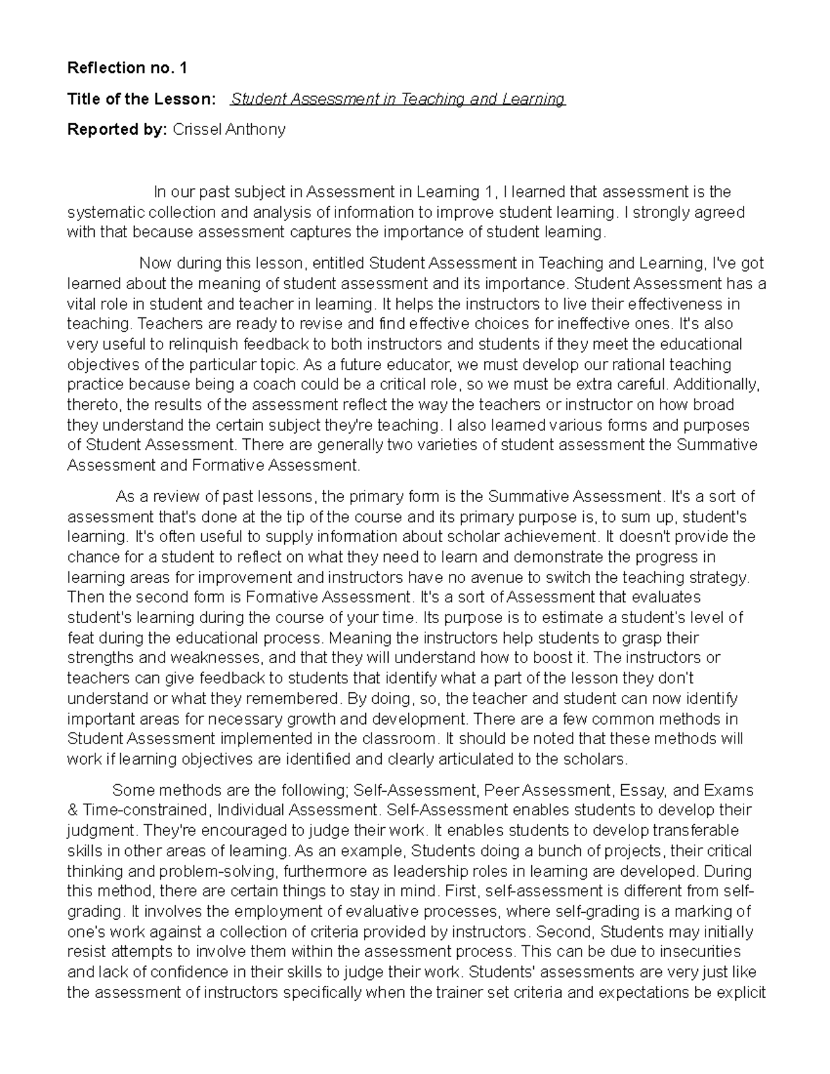 1.Student Assessment in Teaching and Learning - Reflection no. 1 Title ...