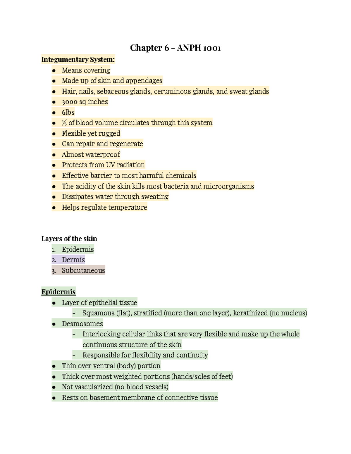 Chapter 6 - Integumentary System Notes - ANPH 1001 - Chapter 6 - ANPH ...