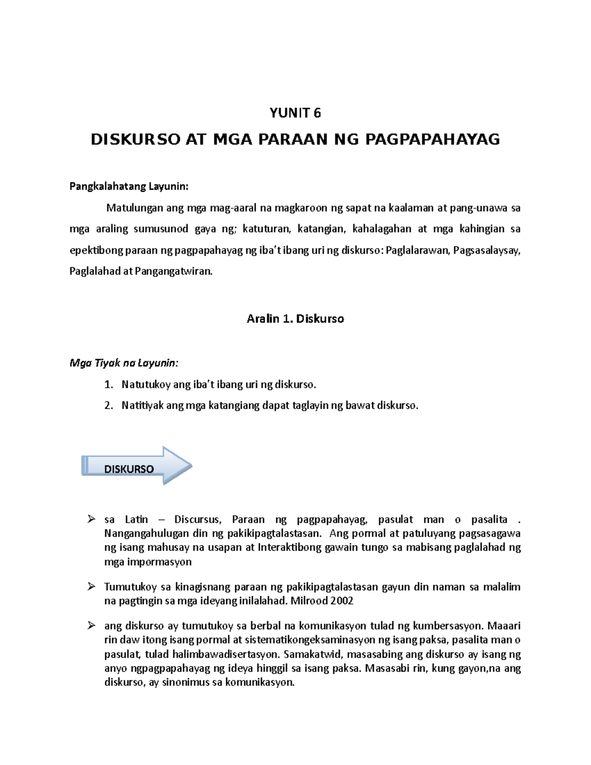 Yunit 6 - For study - YUNIT 6 DISKURSO AT MGA PARAAN NG PAGPAPAHAYAG Pangkalahatang Layunin ...