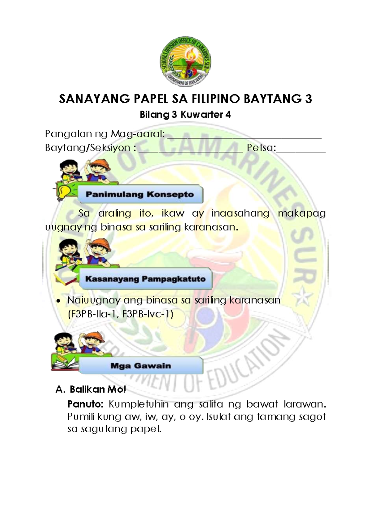 LAS FIL3 BLG.3 Q4 - Modules - SANAYANG PAPEL SA FILIPINO BAYTANG 3 Bilang 3 Kuwarter 4 Pangalan ...