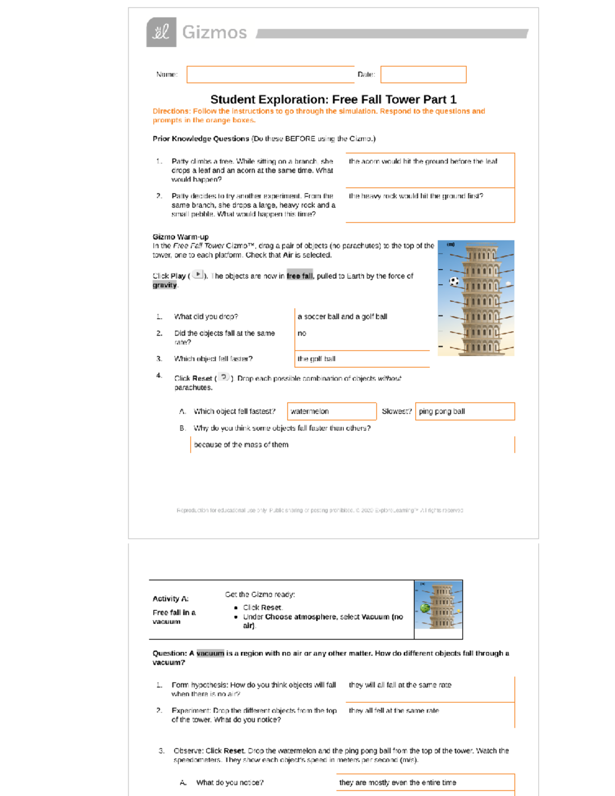 Copy of Copy of 4. IS2T3 Explore 1a Gizmos Free Fall Tower Part 1 SE ...