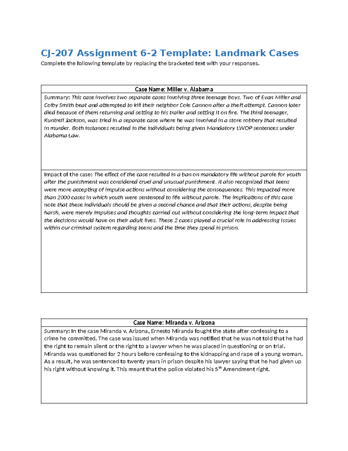 Comp-CJ-207 Assignment 6-2 Template - Case Name: Miller v. Alabama ...