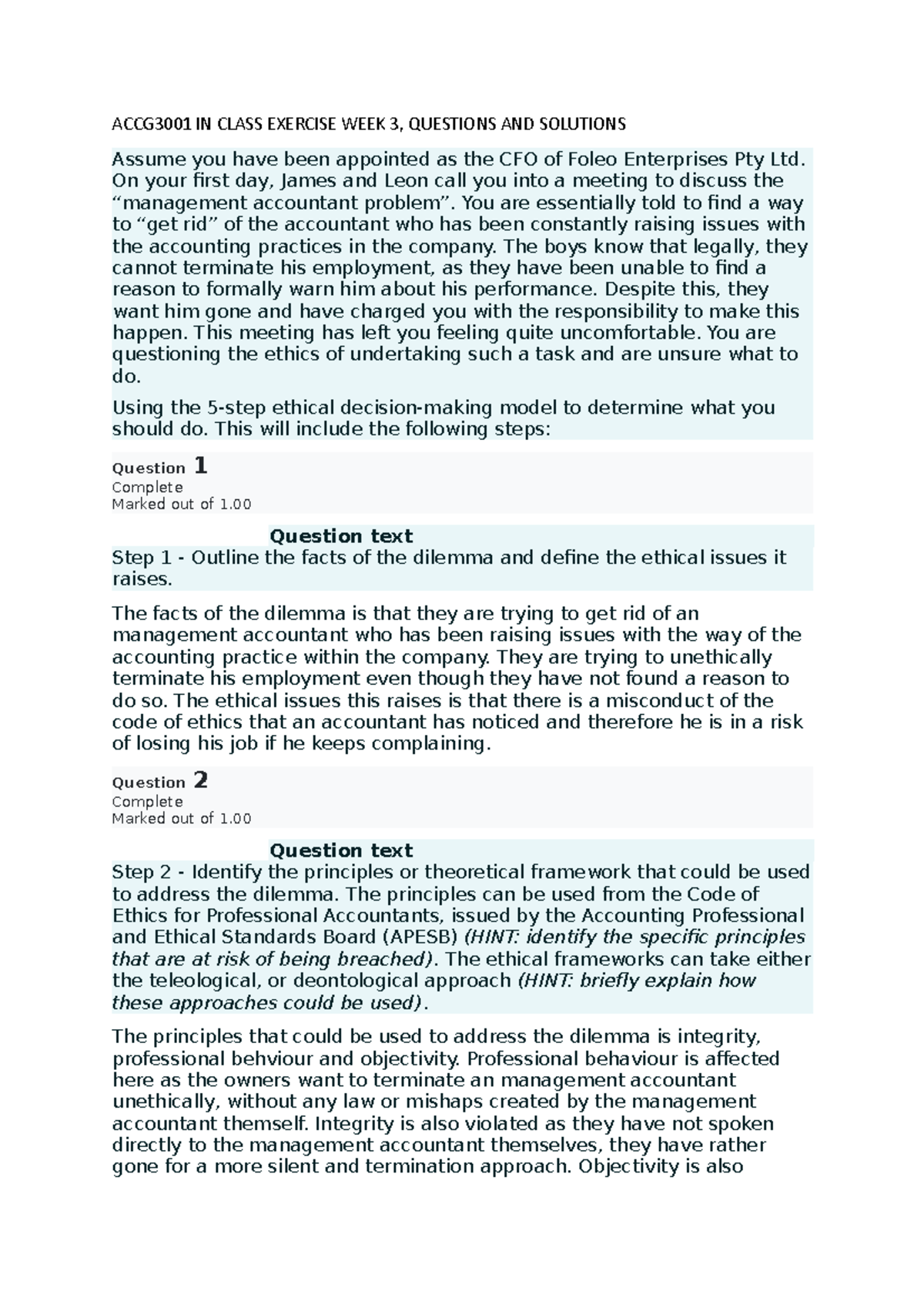 ACCG 3001 IN Class EXercise 3 - ACCG3001 IN CLASS EXERCISE WEEK 3, QUESTIONS AND SOLUTIONS ...