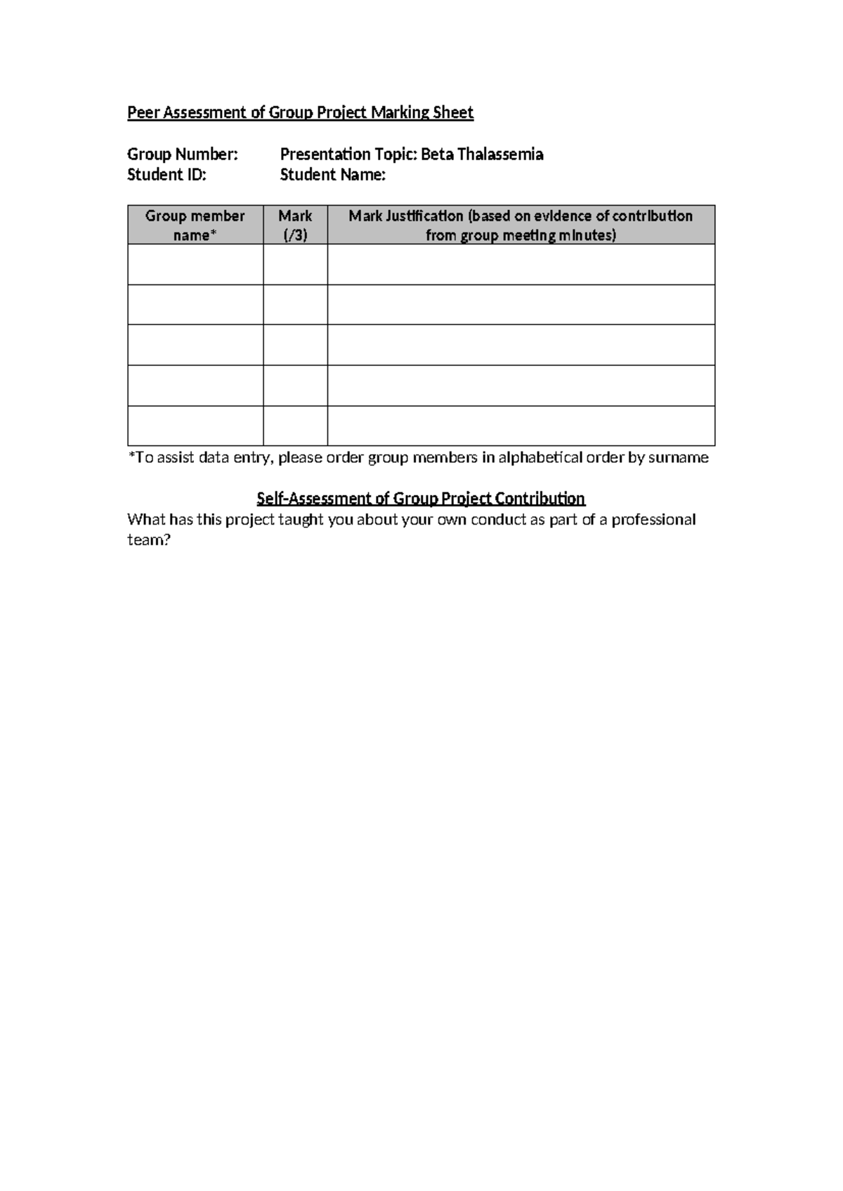 BMS206 Group Project Peer Marking Sheet - Peer Assessment of Group ...